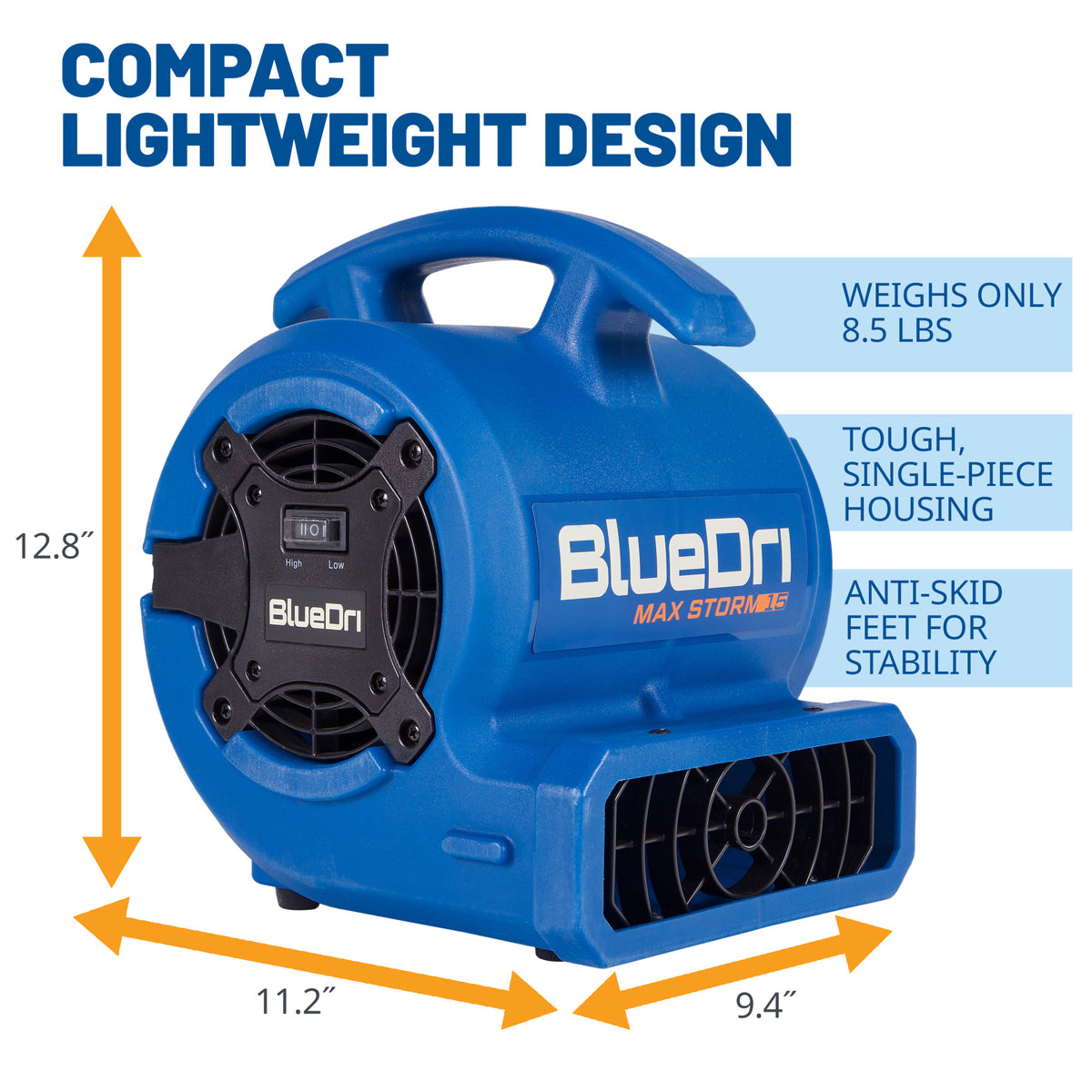 BlueDri BD-MS15 Max Storm 15 1/8 HP, 600 CFM Mini Air Mover Blower Fan